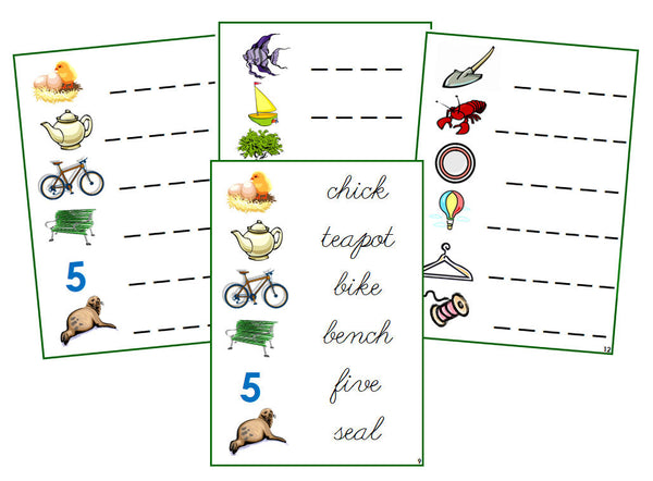 Green Phonogram Spelling Cards Set 1 (cursive) - Montessori Print Shop